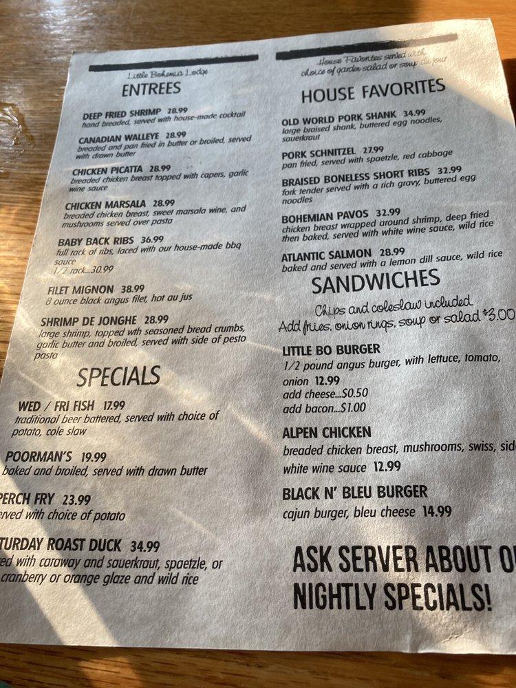 Menu at Little Bohemia Lodge restaurant, Manitowish Waters, 142 US-51