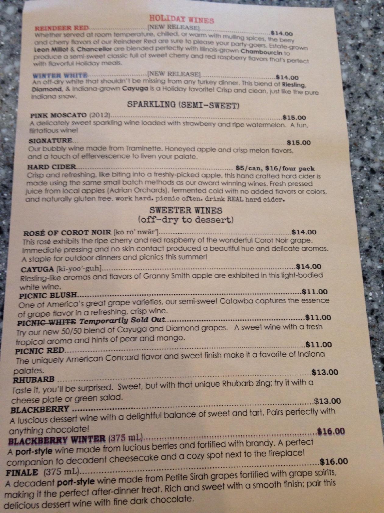 Menu at Mallow Run Winery, Bargersville