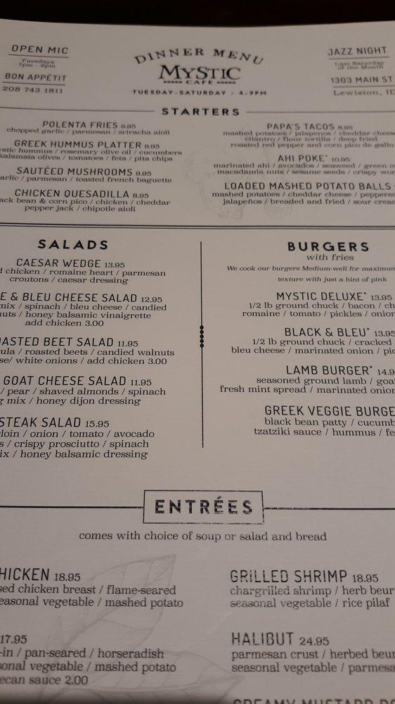 Menu at Mystic Cafe, Lewiston