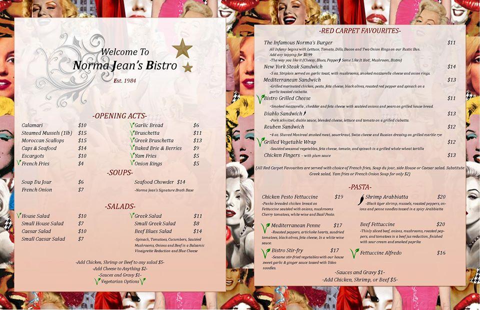Menu at Norma Jean's Bistro pub & bar, Owen Sound
