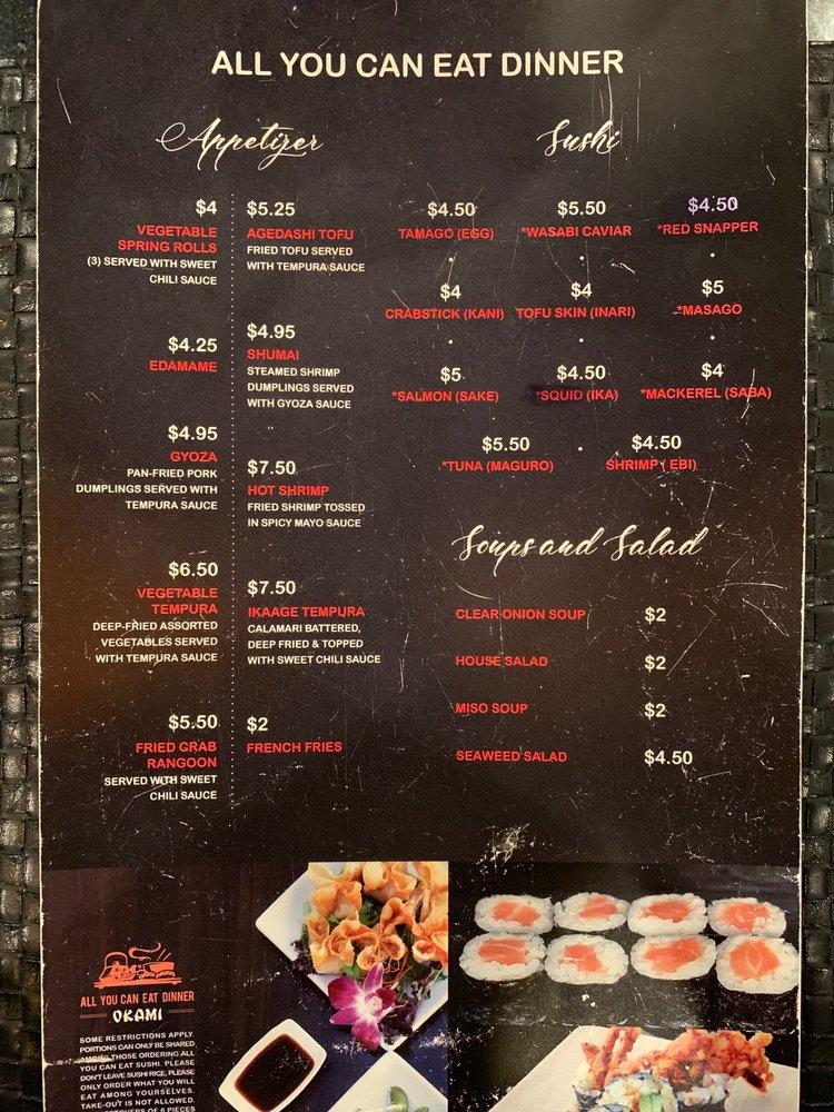 Menu at Okami Japanese Steakhouse, Wilmington
