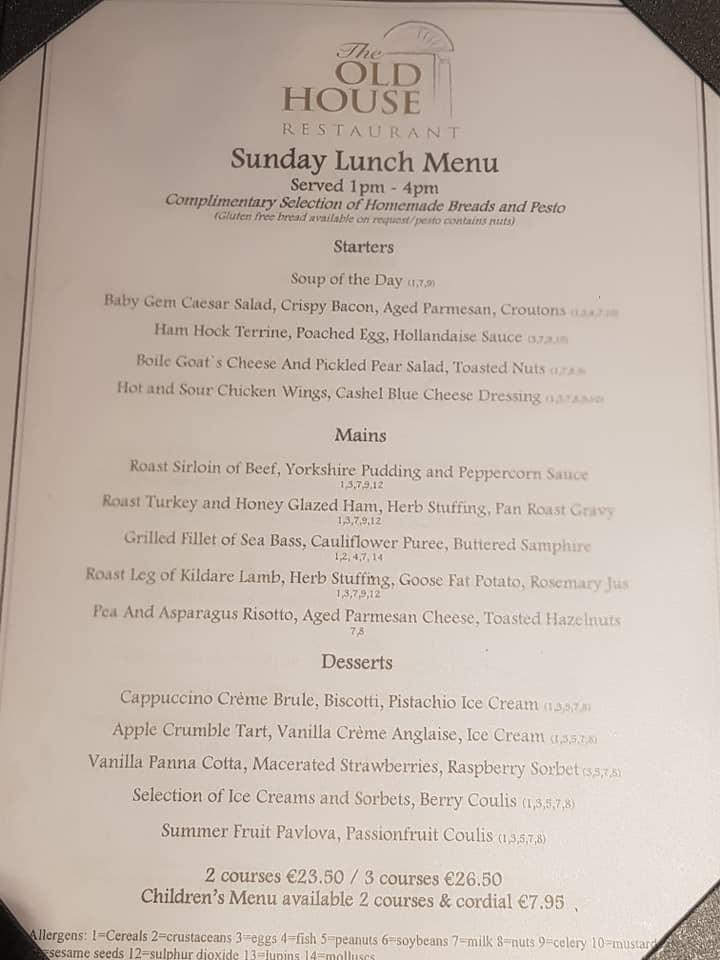 Menu at Old House Restaurant, Mullingar