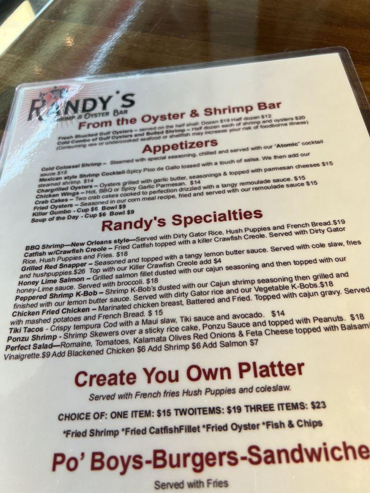 Menu at Randy’s Shrimp and Oyster Bar, Granbury
