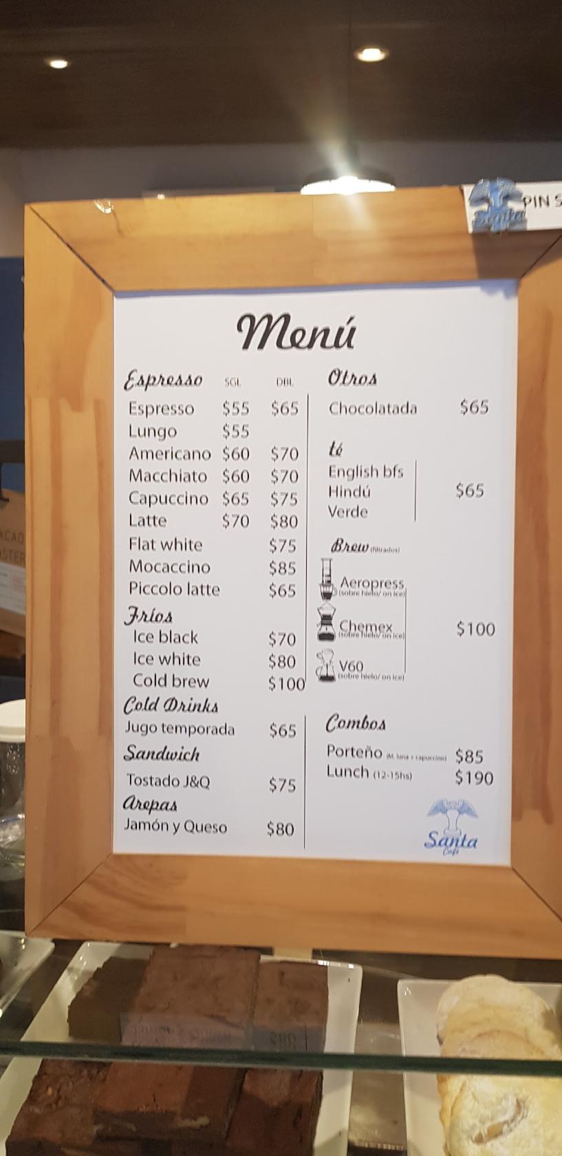 Menu at Santa Café, Buenos Aires