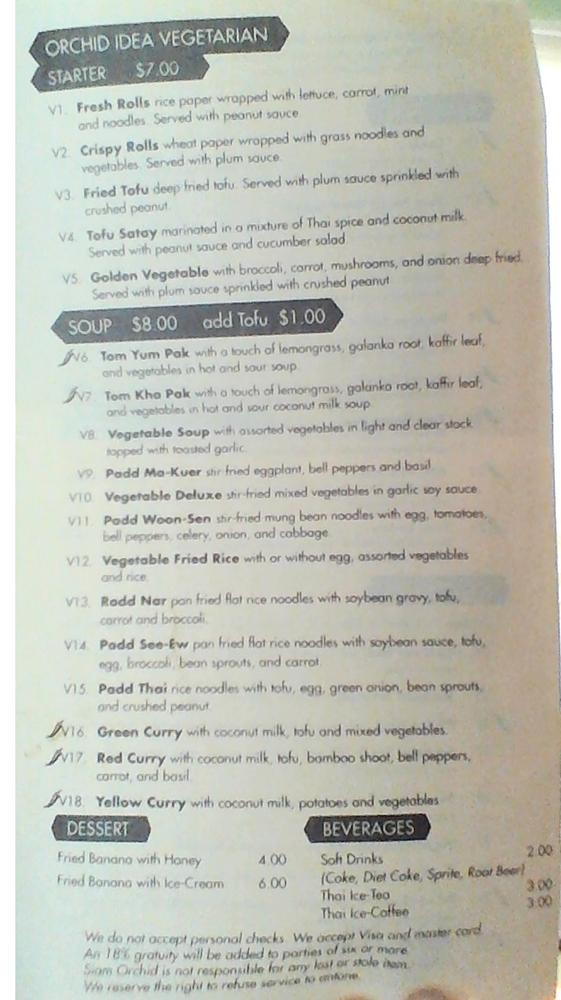 Menu at Siam Orchid Thai Cuisine restaurant, Eureka