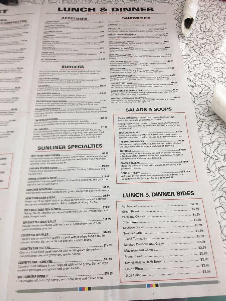 Menu at Sunliner Diner restaurant, Gulf Shores