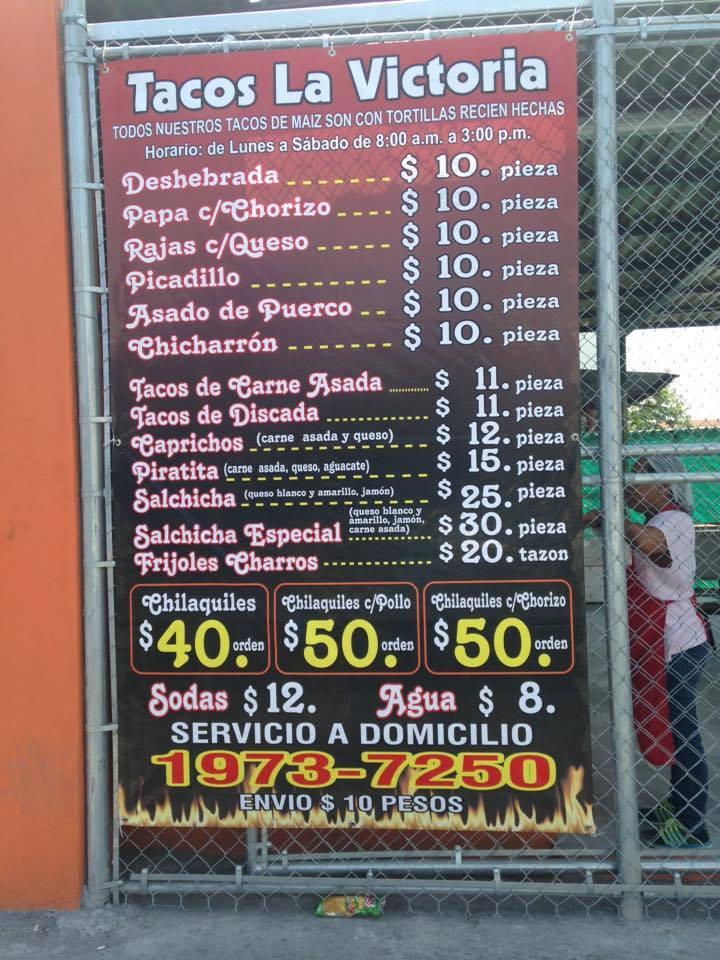 Menu at Tacos La Victoria, Guadalupe, 5 de mayo cruce con av Benito Juárez