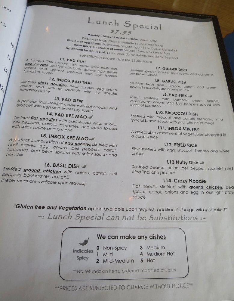 Menu at Thai Inbox Glenview restaurant, Glenview, Waukegan Rd