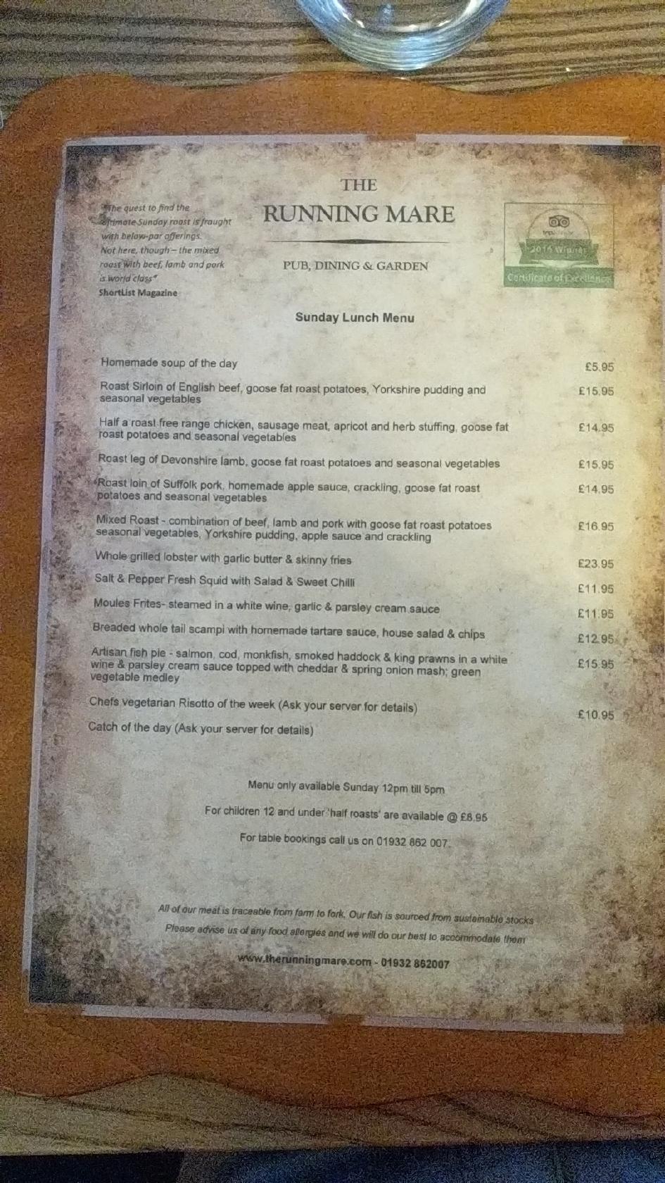 Menu at The Running Mare. pub & bar, Cobham