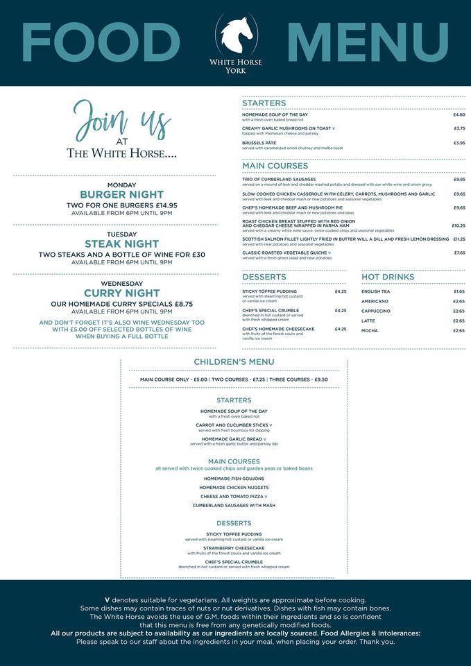 Menu at White Horse pub & bar, York, 6 Bootham