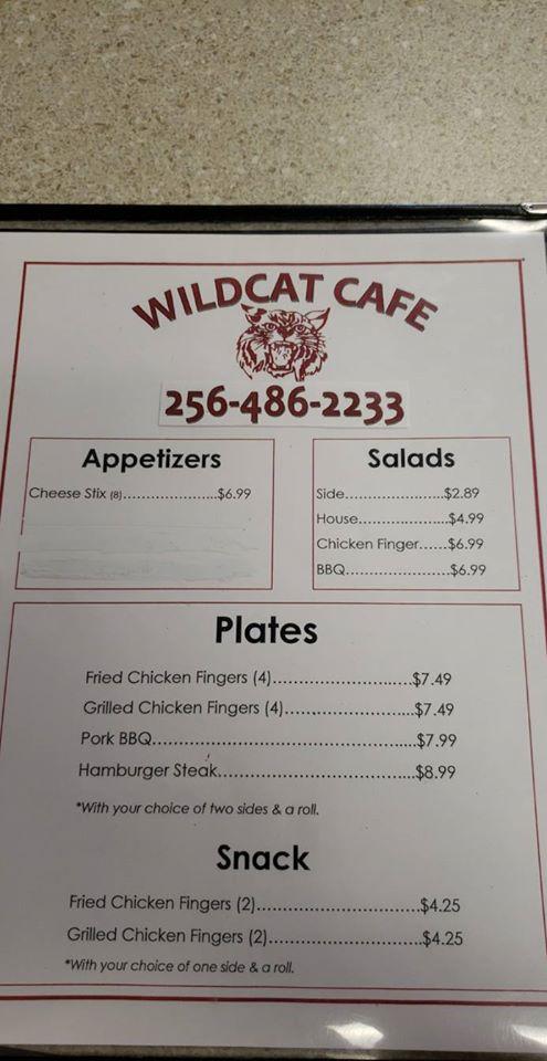 Menu at Wildcat Cafe, Guntersville