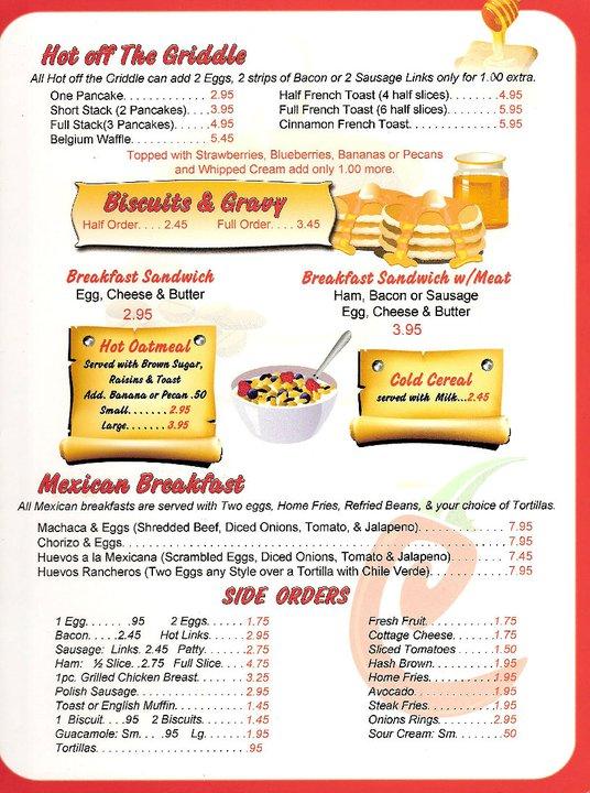 Menu at Amy's Cafe, Riverside