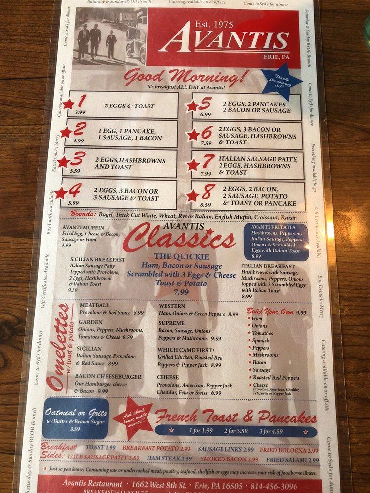 Menu at Avanti's restaurant, Erie