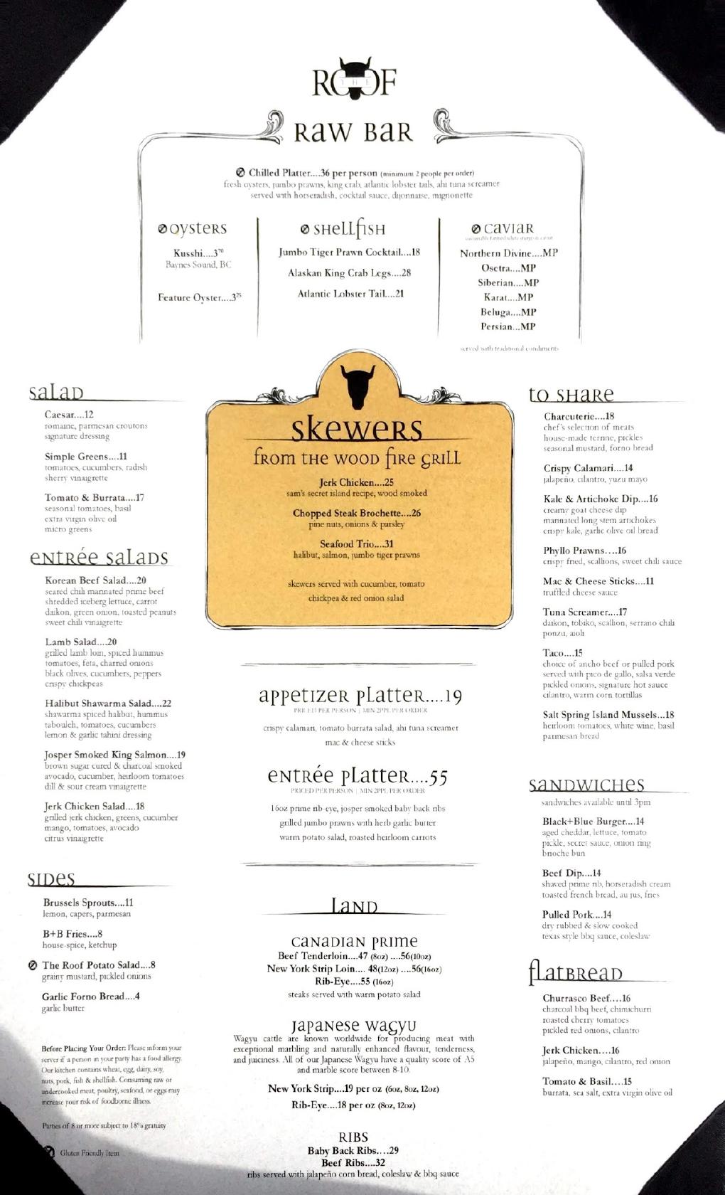 Menu at Black+Blue steakhouse, Vancouver