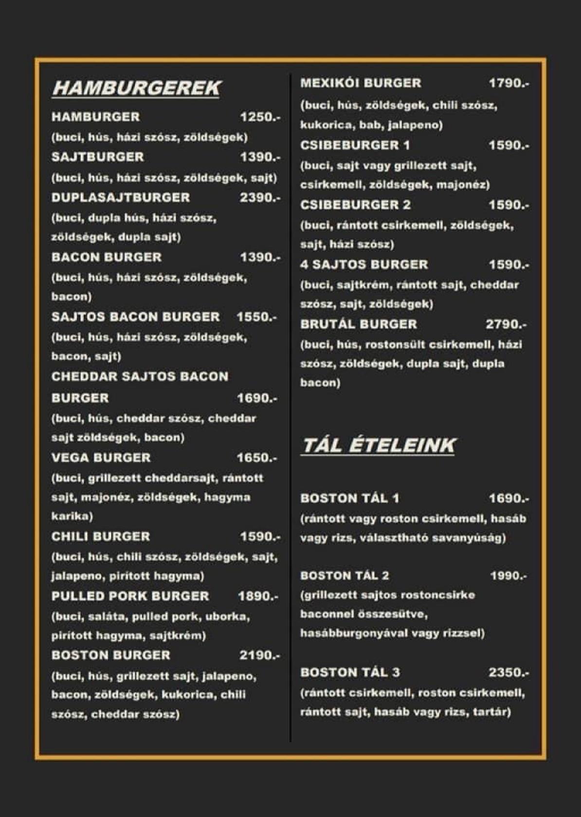 Menu at BostonBurger restaurant, Budapest