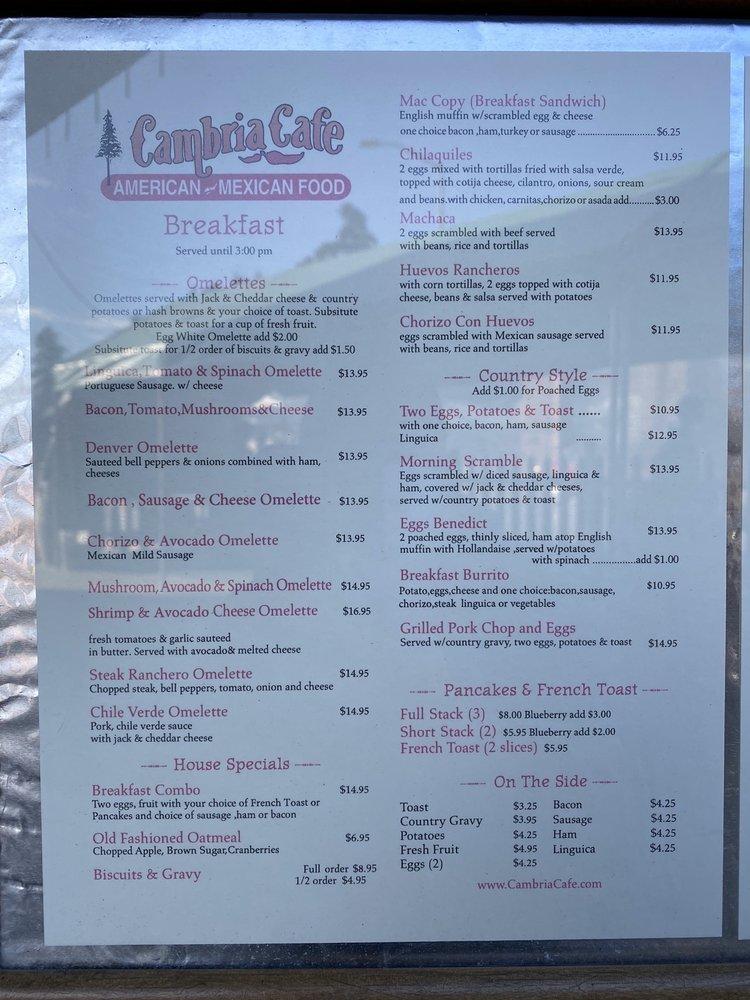 Menu at Cambria Cafe, Cambria