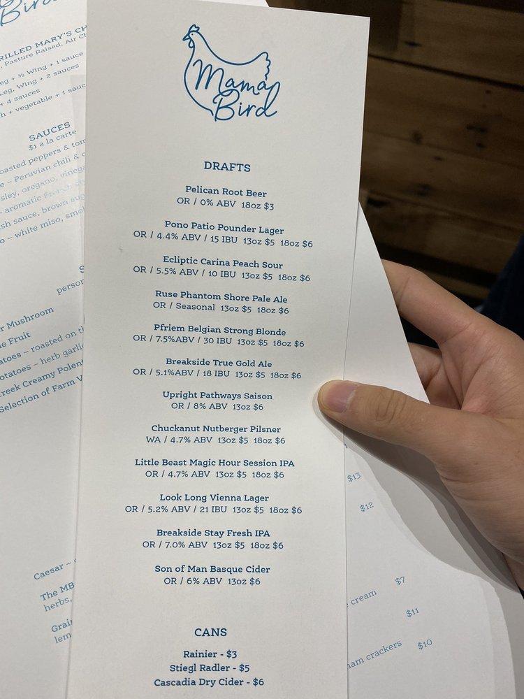 Menu at Mama Bird pub & bar, Portland