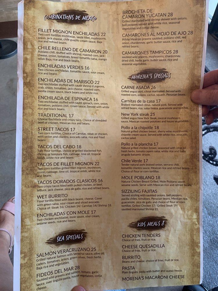 Menu at Morena’s Mexican Cuisine restaurant, Ladera Ranch