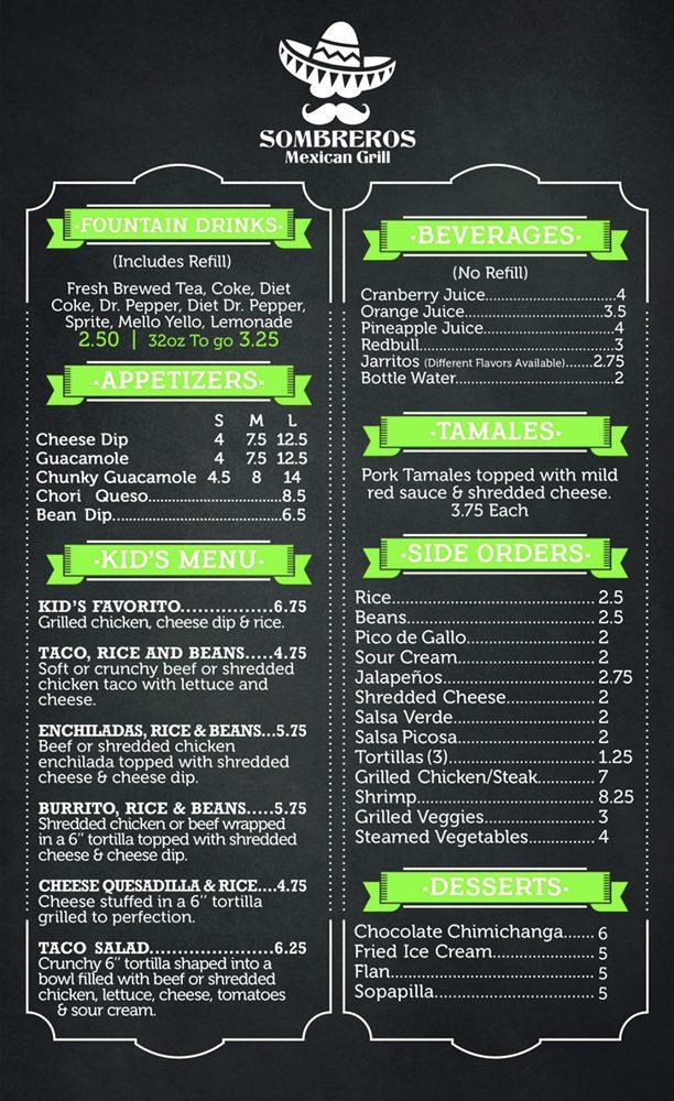 Menu at Sombreros Mexican Grill pub & bar, Crump