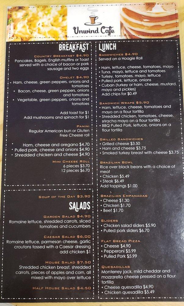 Menu at Unwind Cafe, Orlando