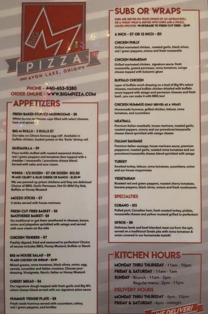Menu at Big M Pizza pizzeria, Avon Lake