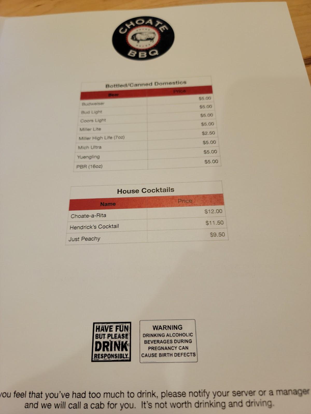 Menu at Choate BBQ, Ball Ground