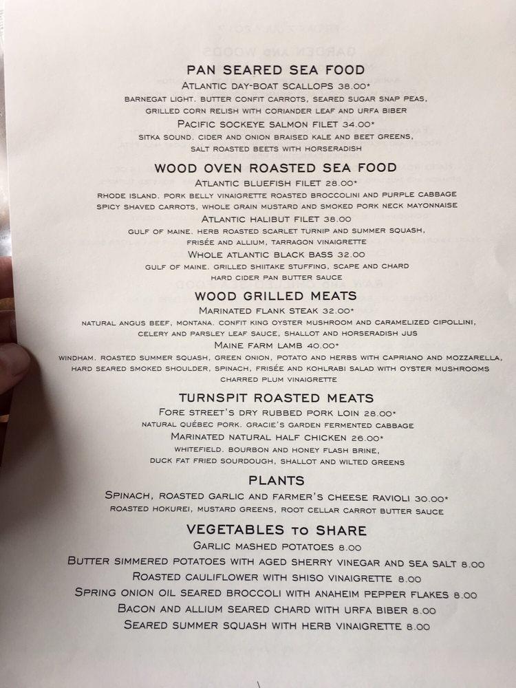 Menu at Fore Street Restaurant, Portland