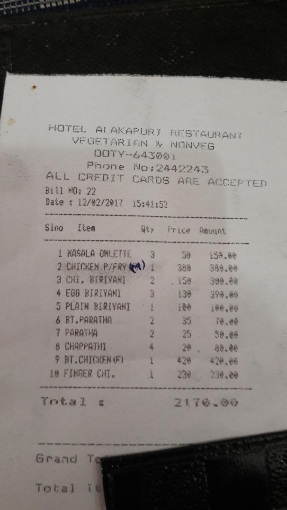 Menu at Hotel Alakapuri Restaurant & Bar, Ooty