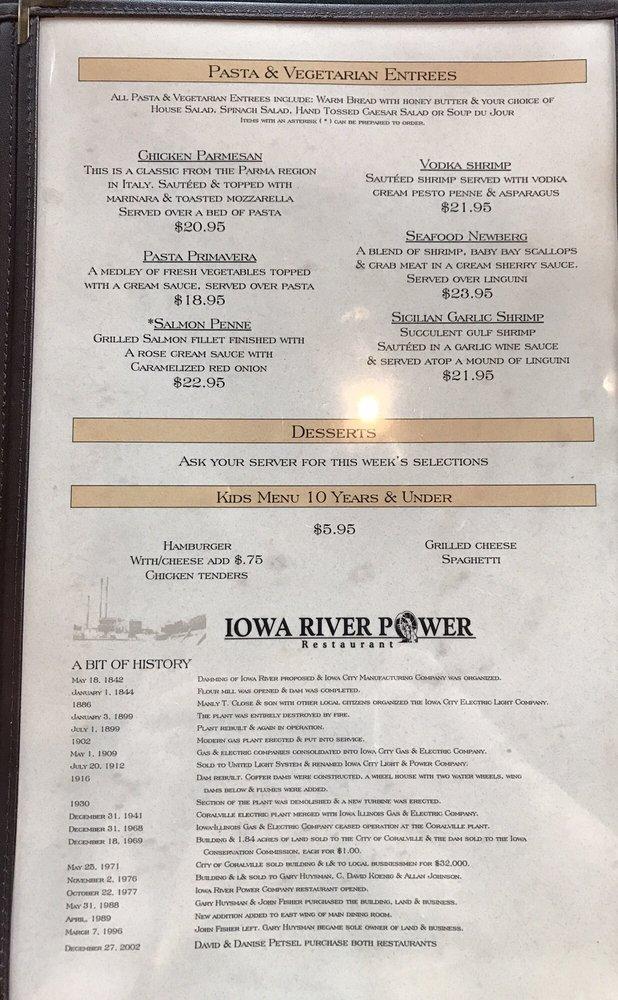 Menu at Iowa River Power Restaurant, Coralville