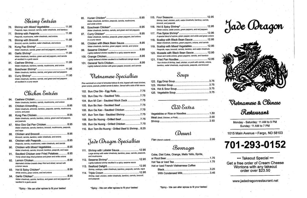 Carta del restaurante Jade Dragon, Fargo