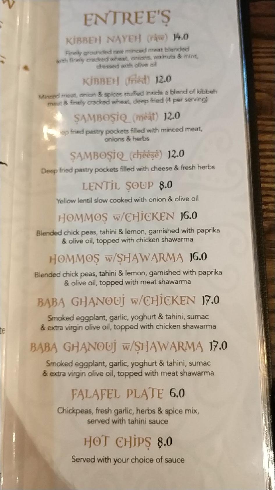 Menu at Mr. Shawarma restaurant, Greenacre