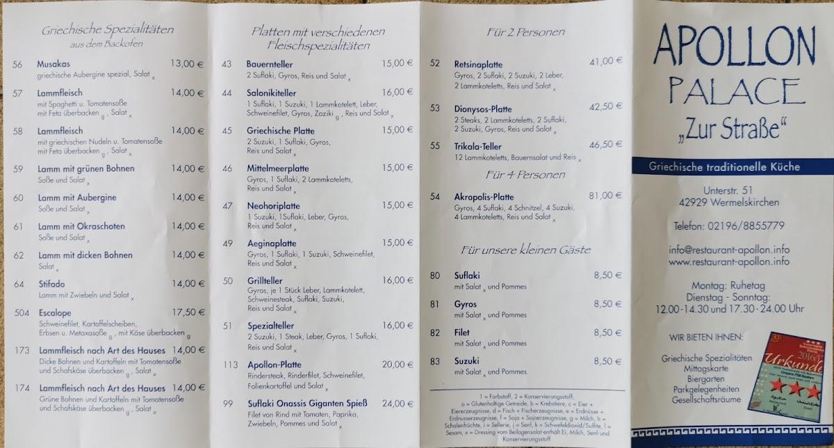 Speisekarte von Apollon restaurant, Wermelskirchen