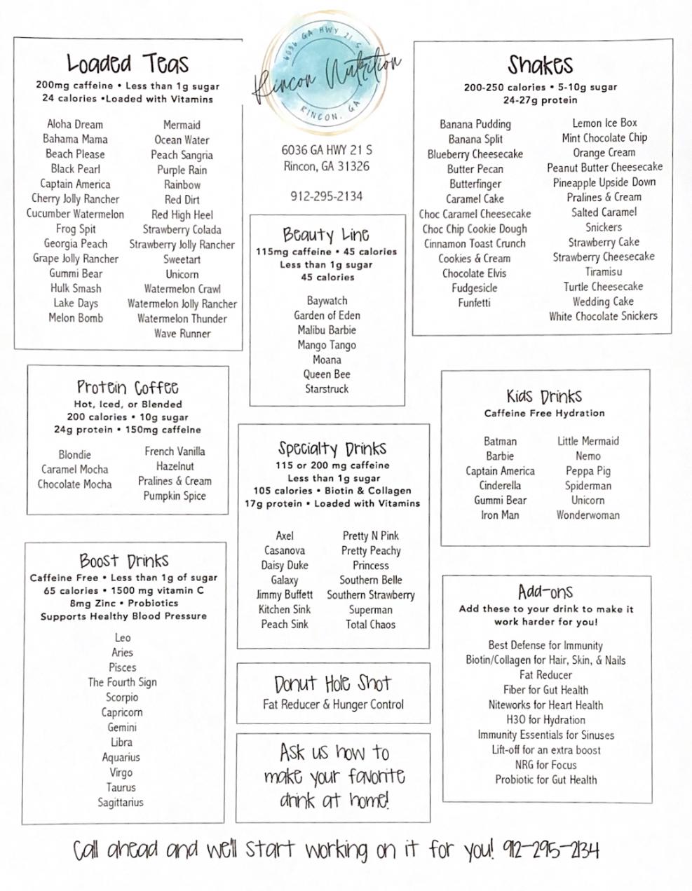 Menu at Rincon Nutrition pub & bar, Rincon