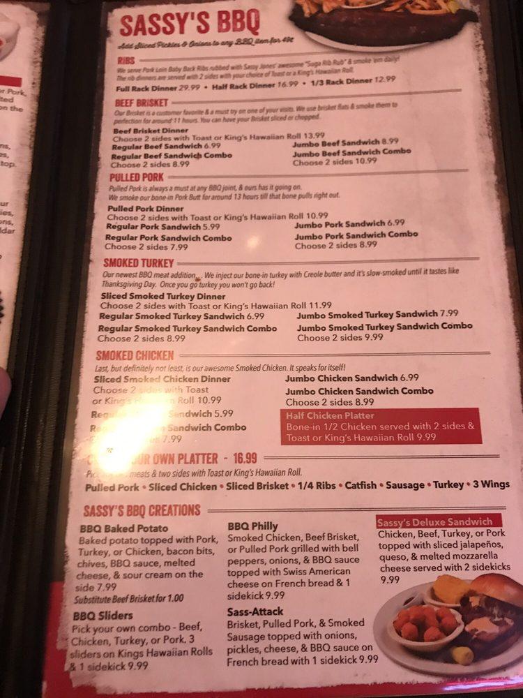Menu at Sassy's Red House BBQ, Fayetteville