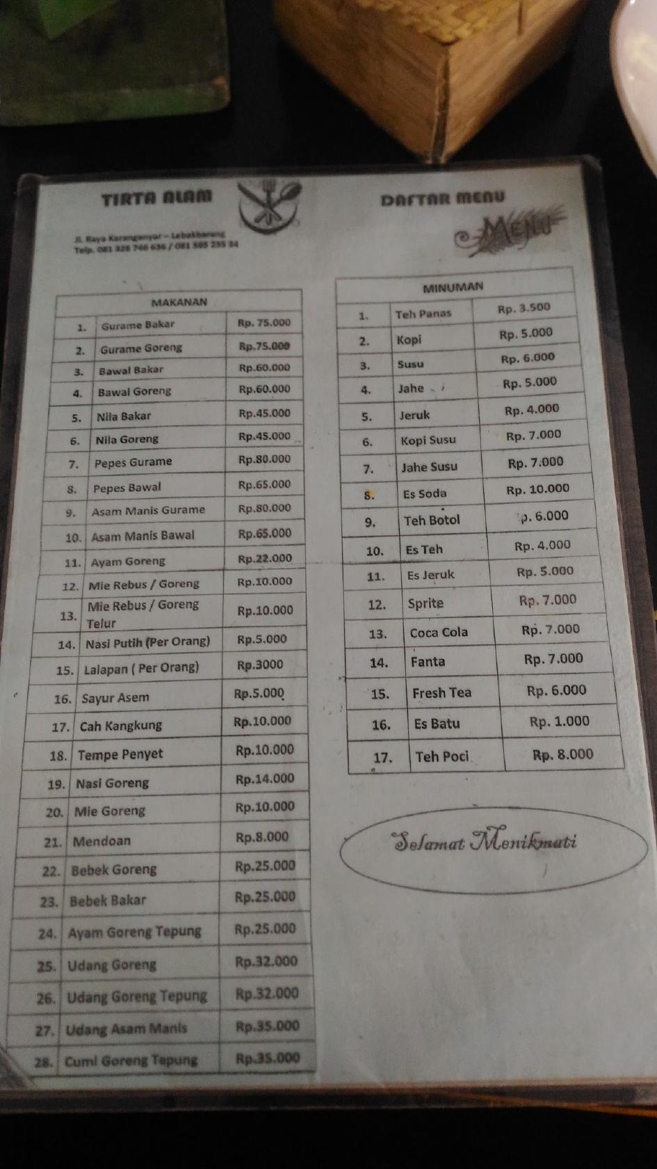 Menu at Tirta Alam restaurant, Legok Kalong