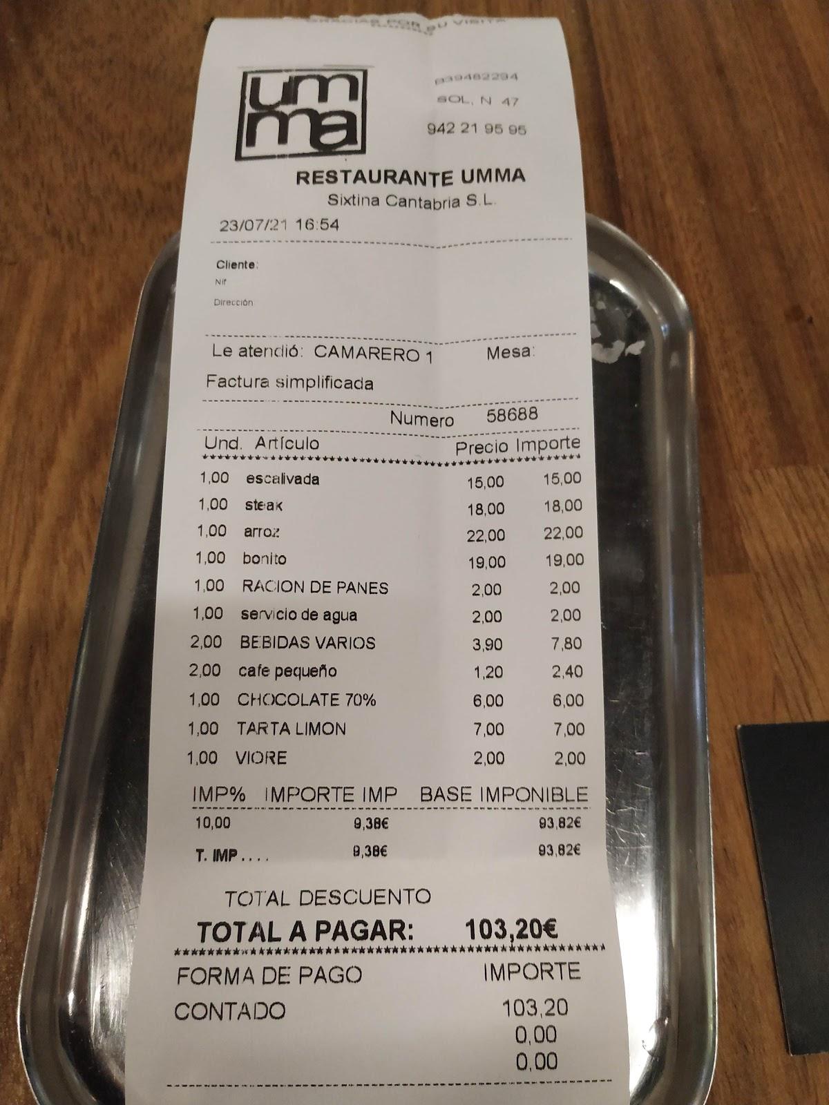 Carta del restaurante Umma, Santander