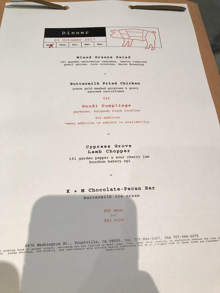 Menu at Ad Hoc restaurant, Yountville, Washington St