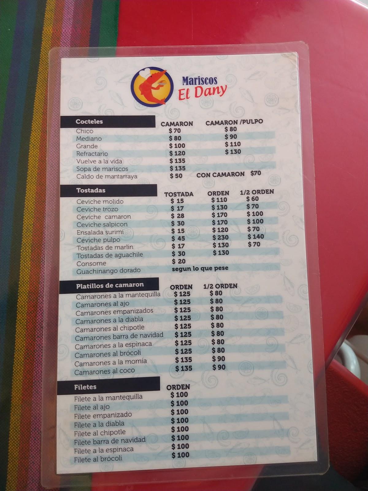 Carta del restaurante Mariscos El Dany, Guadalajara, Av 5 del Febrero