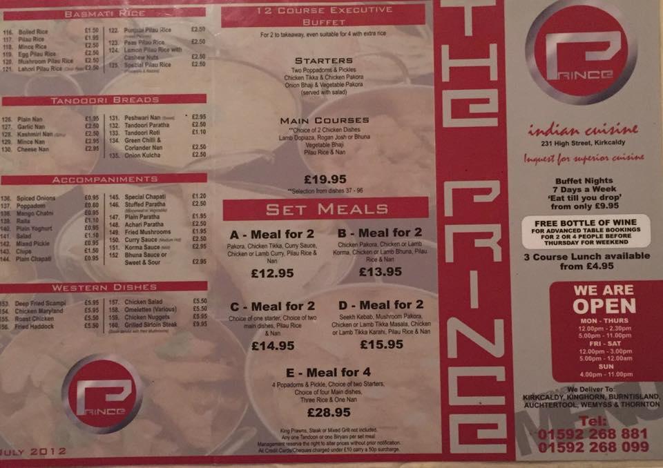 Menu at The Prince restaurant, Kirkcaldy