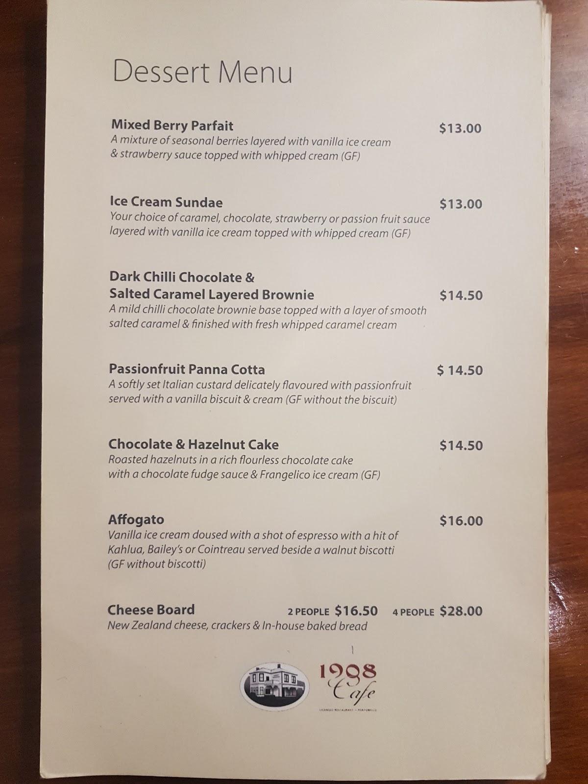 Menu at 1908 Restaurant, Dunedin