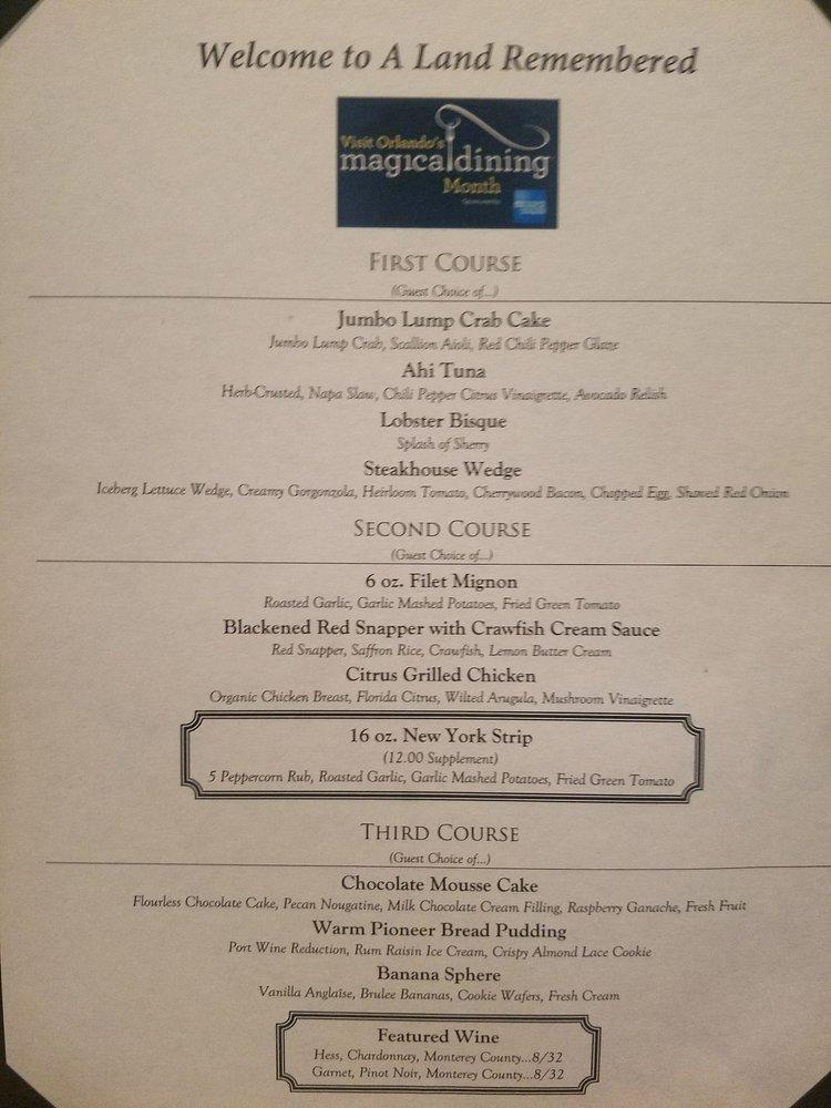 Menu at A Land Remembered steakhouse, Orlando, Universal Blvd