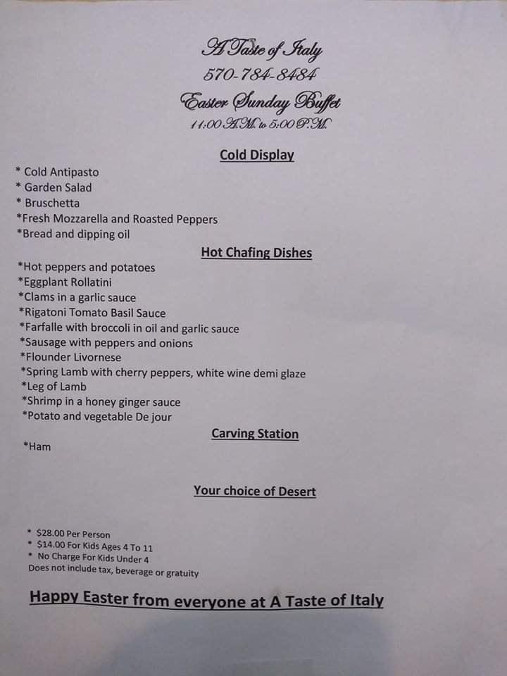 Menu at A Taste of Italy restaurant, Lime Ridge