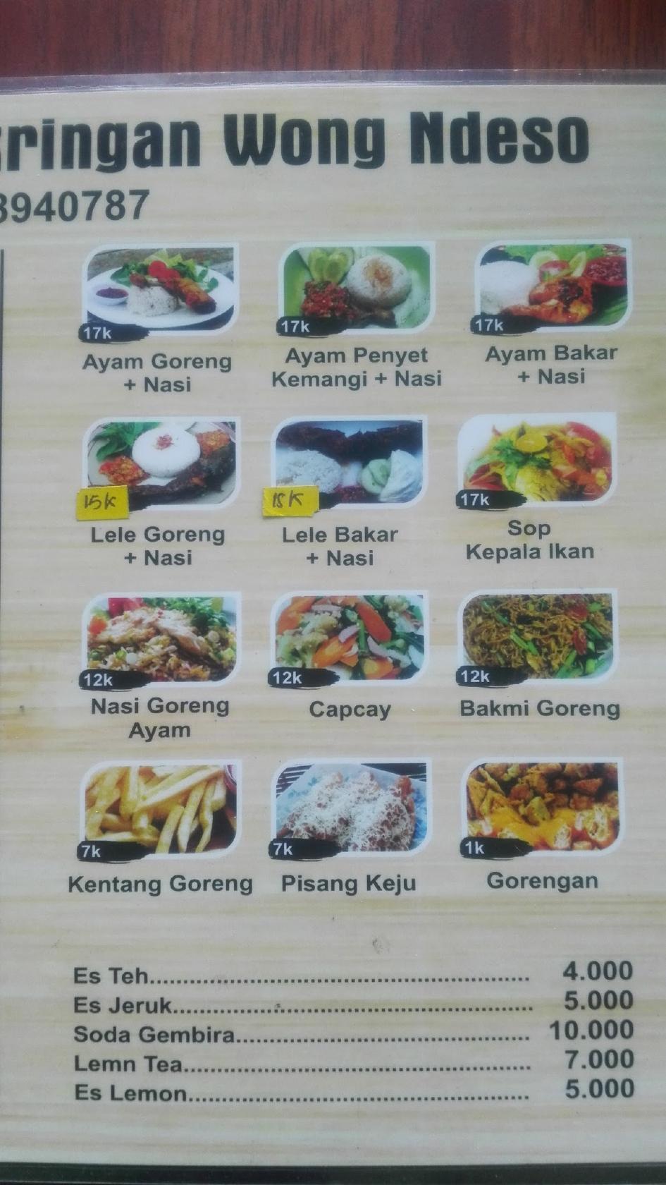 Menu at Angkringan Wong Deso restaurant, Indonesia, F837+GRF