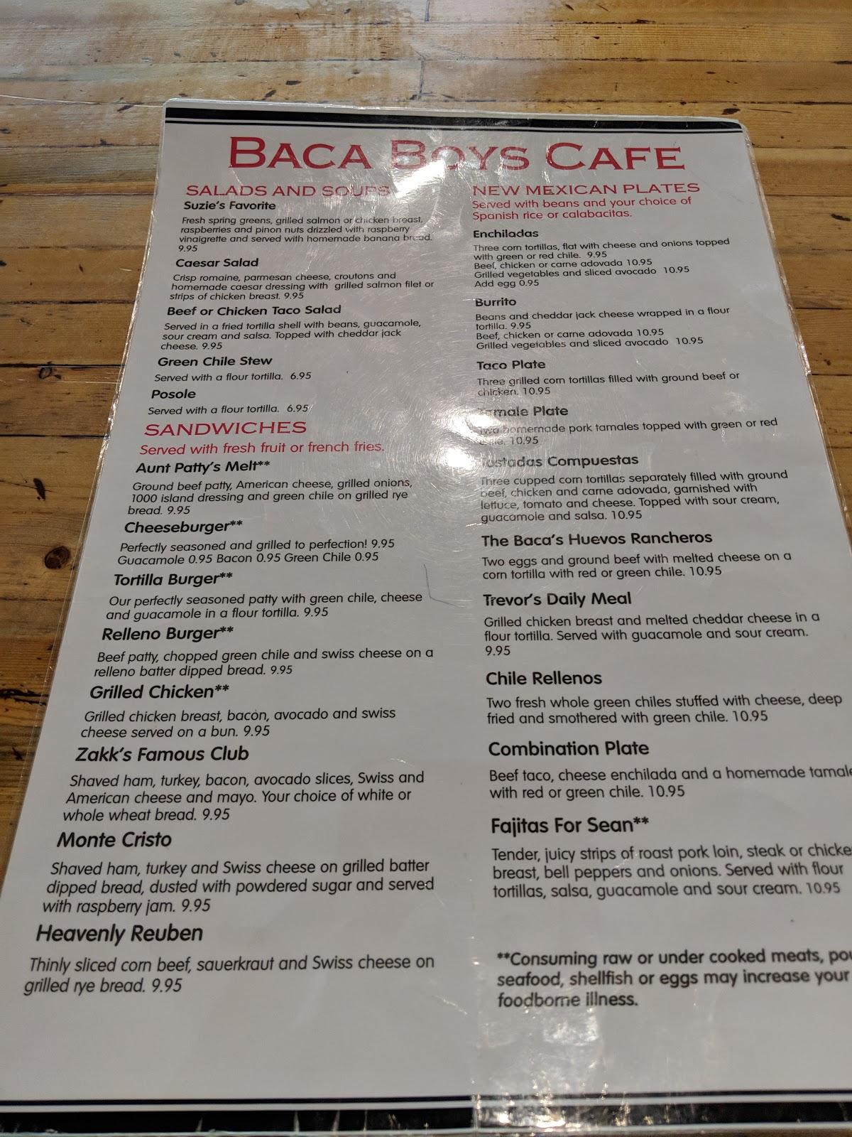 Menu at Baca Boys Cafe, Albuquerque