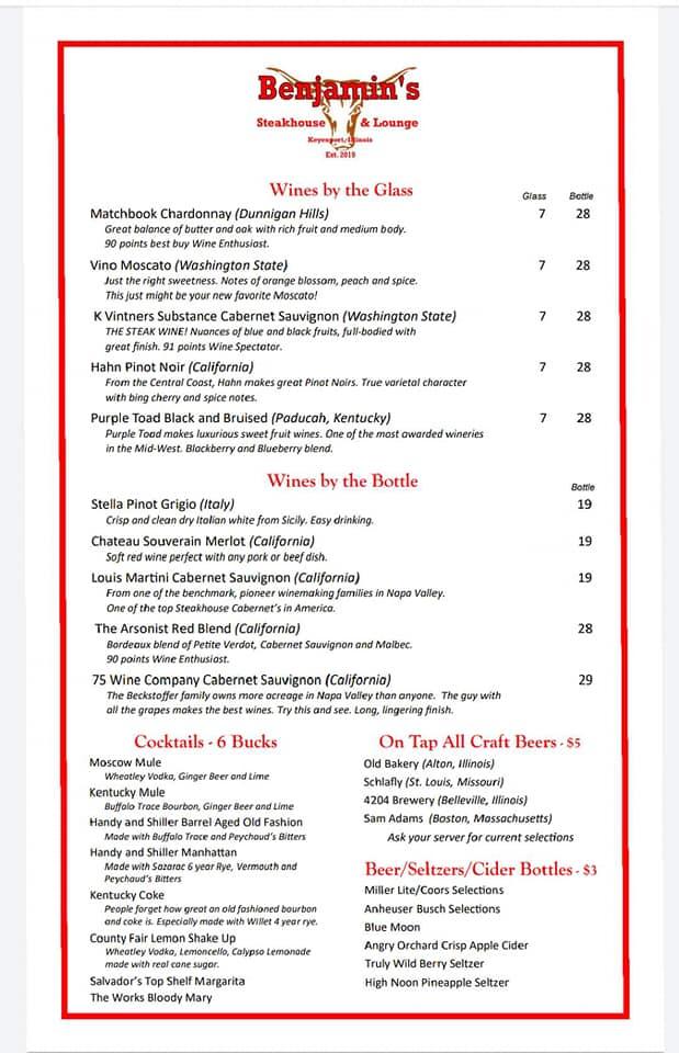 Menu at Benjamin's Steakhouse & Lounge LLC., Keyesport