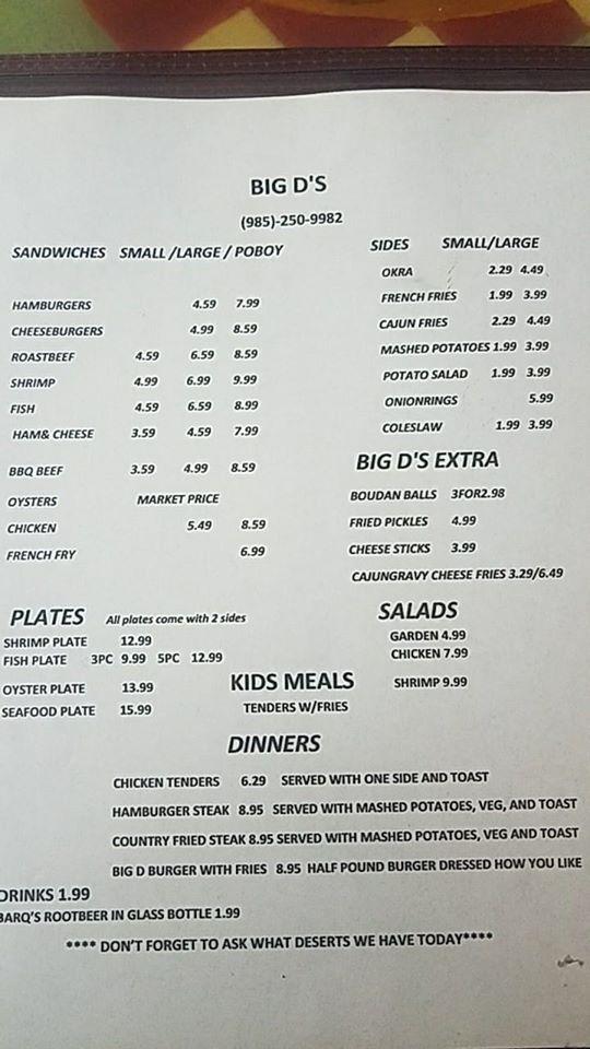 Menu at Big D's Pearl River LA restaurant, Pearl River