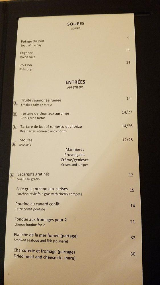 Menu at Bistro St-Malo restaurant, Québec City, 75 Rue Saint-Paul