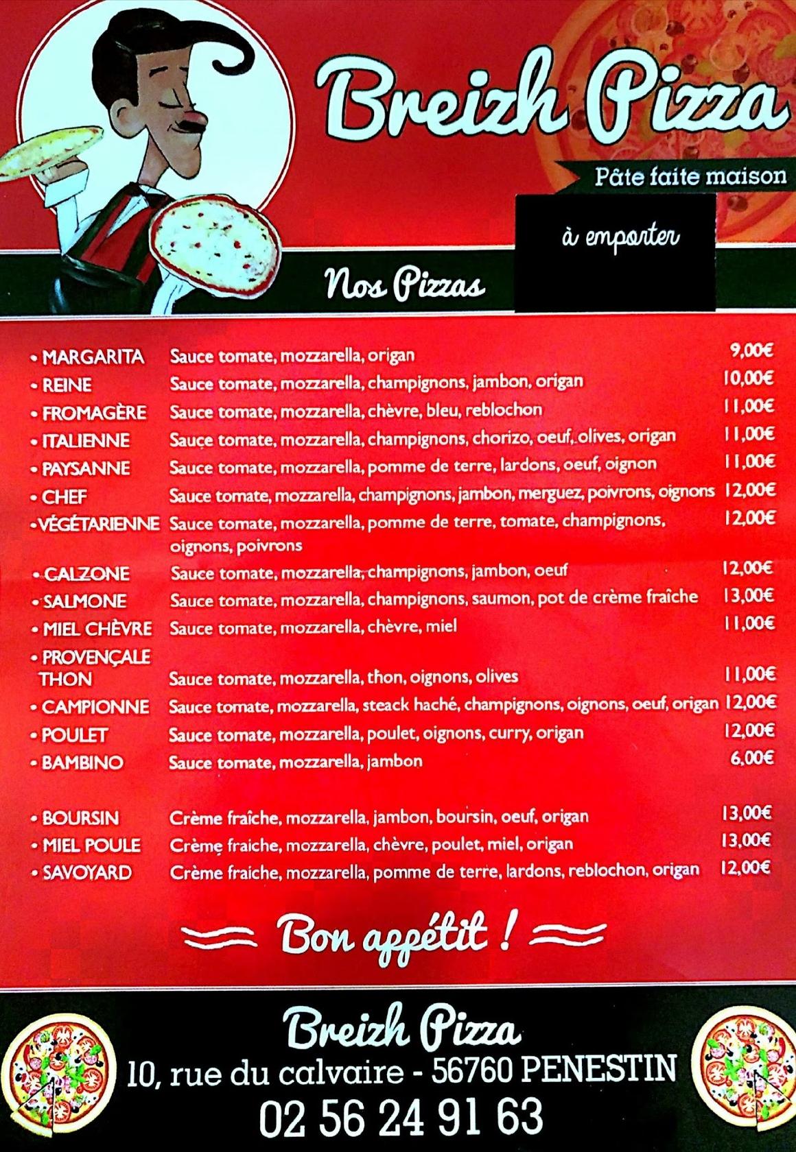 Menu au Breizh Pizza restaurant, Pénestin