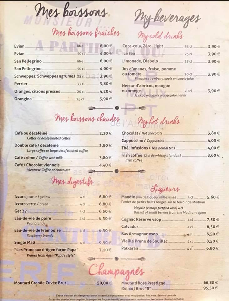 Menu at Chez Papa restaurant, Paris, 59 Rue de Clichy