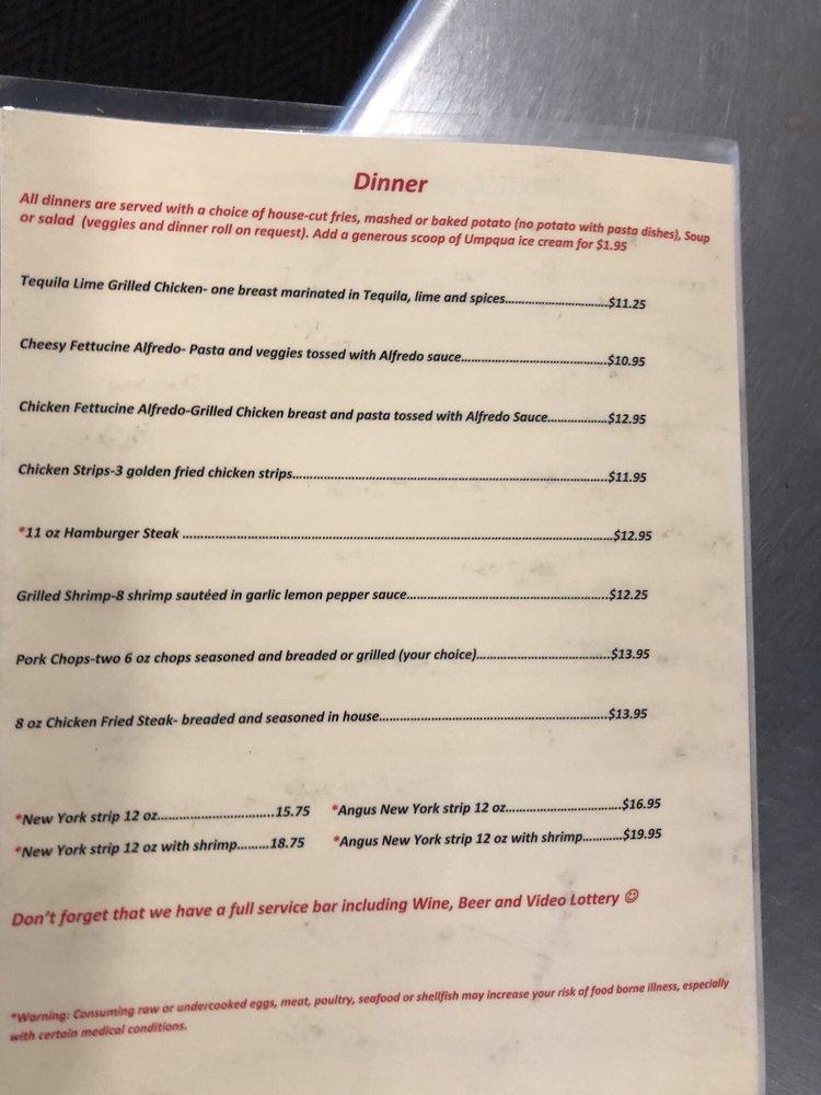 Menu at Cinders Cafe, USA